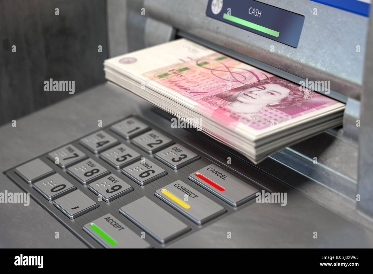 ATM machine and GBP pounds. Withdrawing pound banknotes. 3d ...