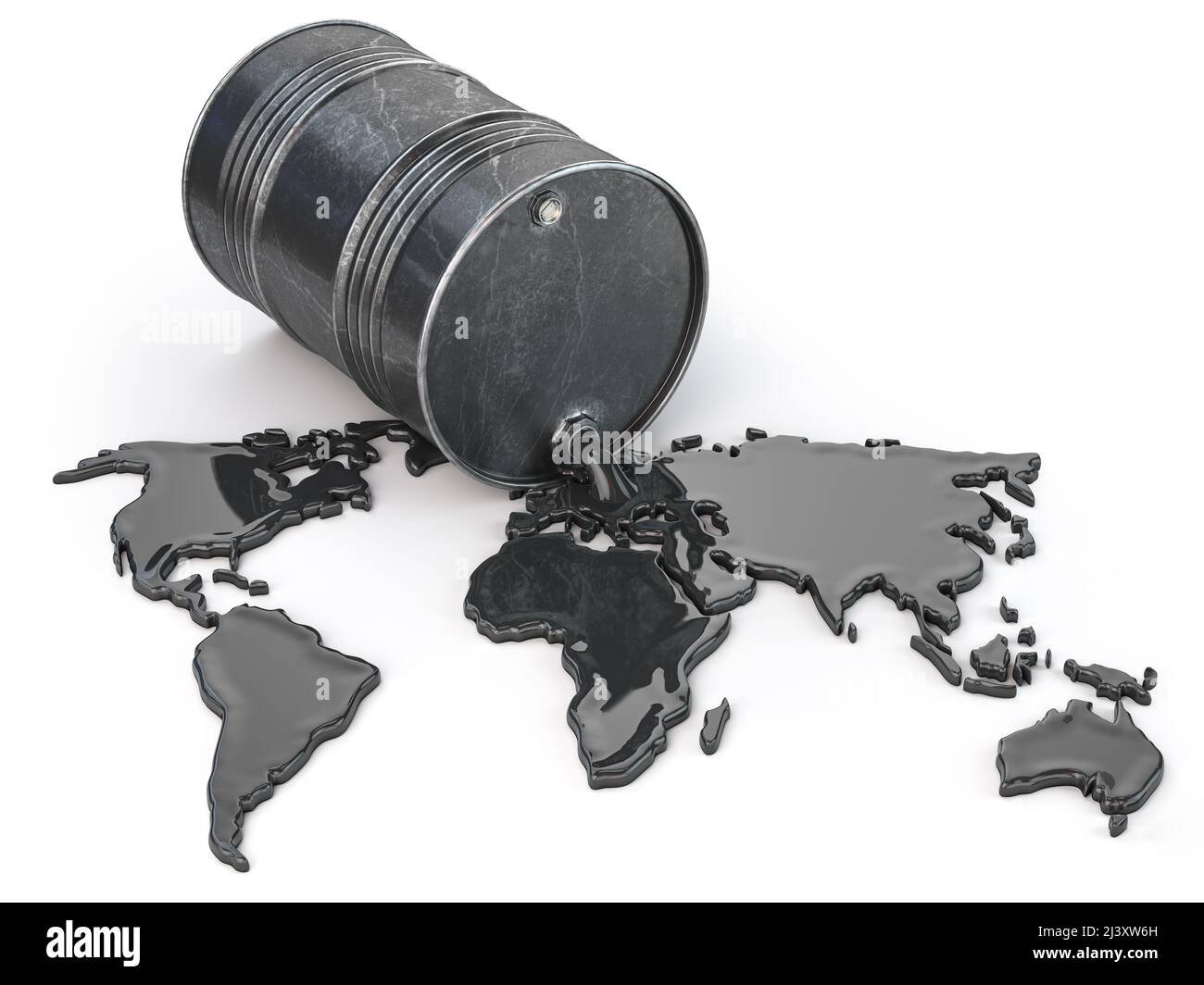 Oil barrel with spilled oil in form of map of the world isolated on ...