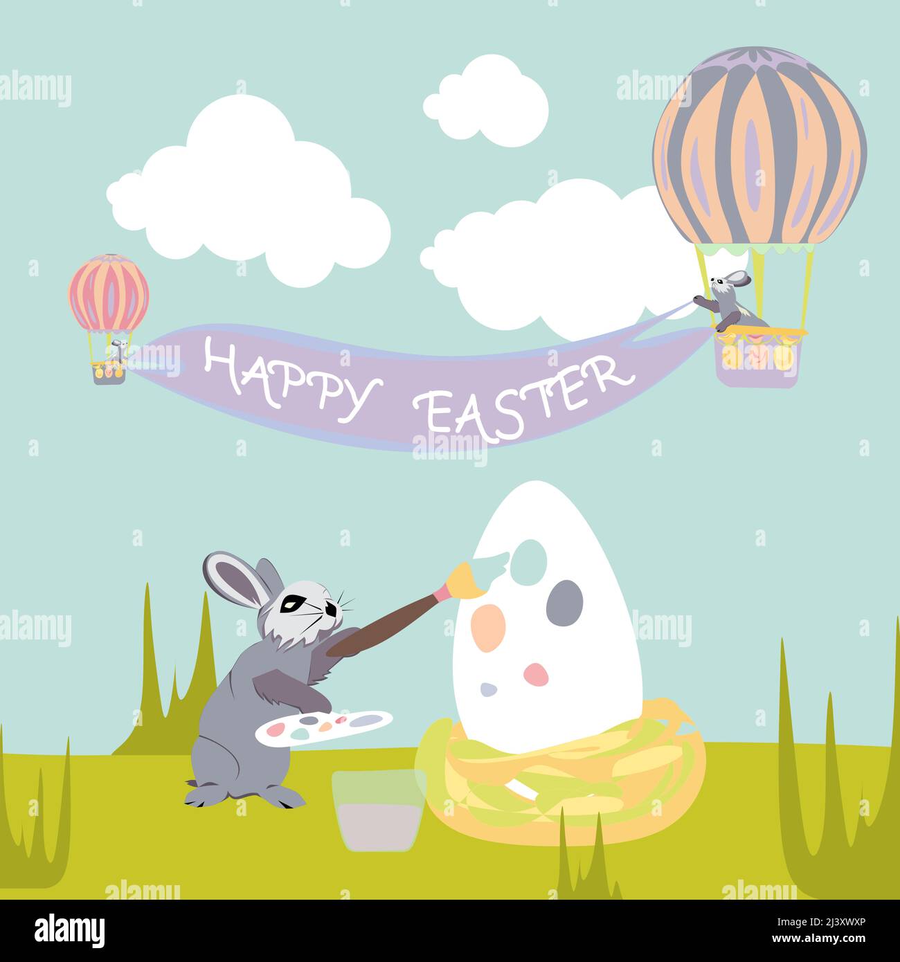 One Easter bunny paints aster egg with pastel colors against a ...