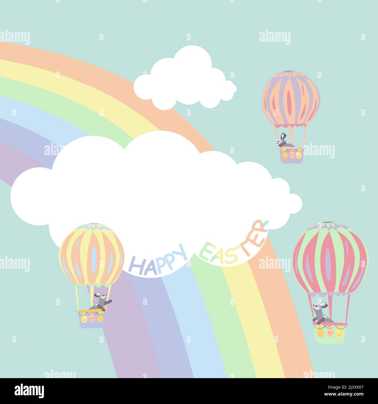 Easter bunnies fly across the sky sky with rainbow in a balloon among ...