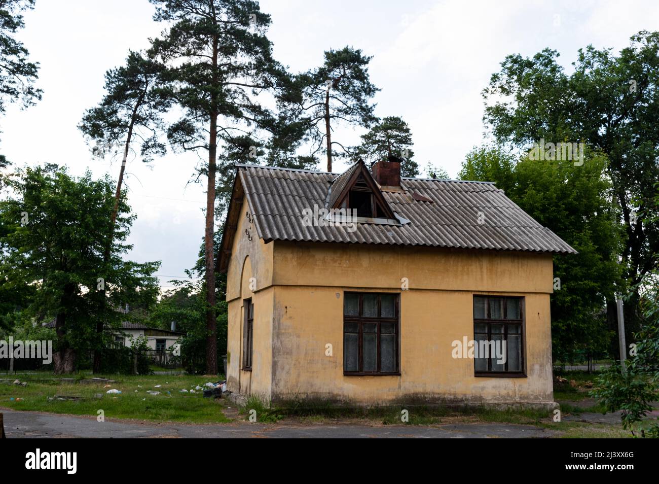 Small one-story house. Yellow building. Brick edifice near the pines ...