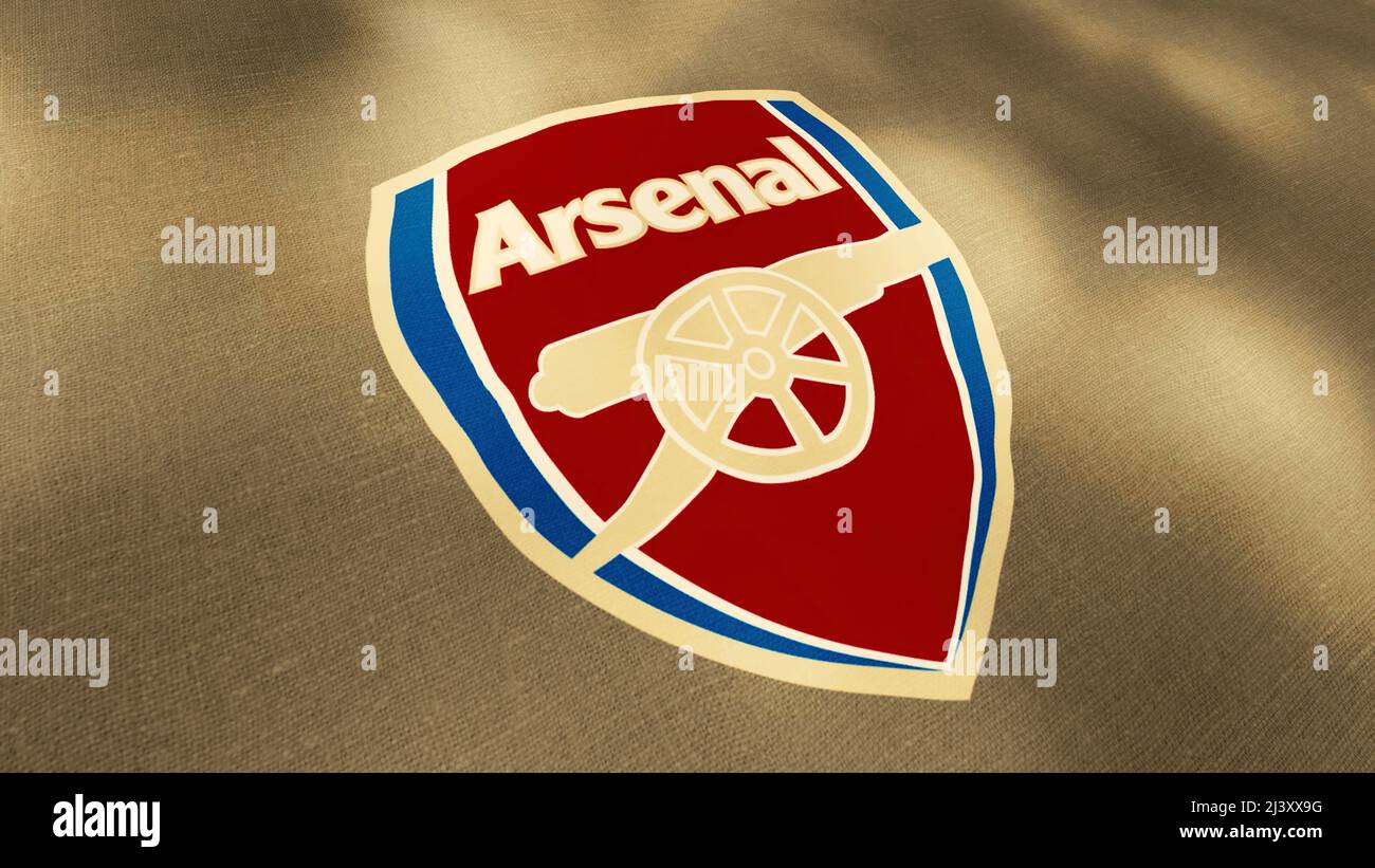 Waving flag with logo of football club. Motion. Football paraphernalia ...