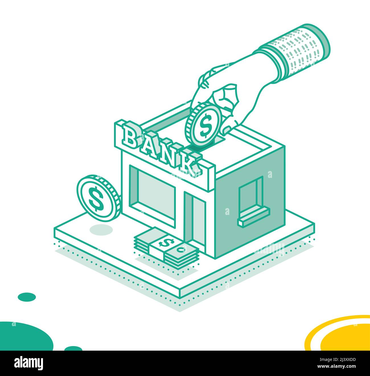 Hand Puts a Dollar Coin Inside of the Bank Building. Isometric Saving ...