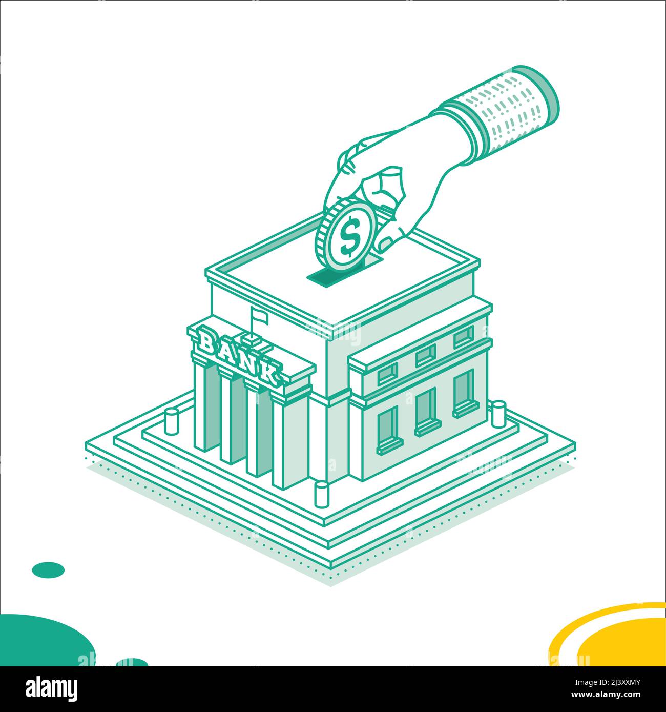 Hand Puts a Dollar Coin Inside of the Bank Building. Isometric Saving ...