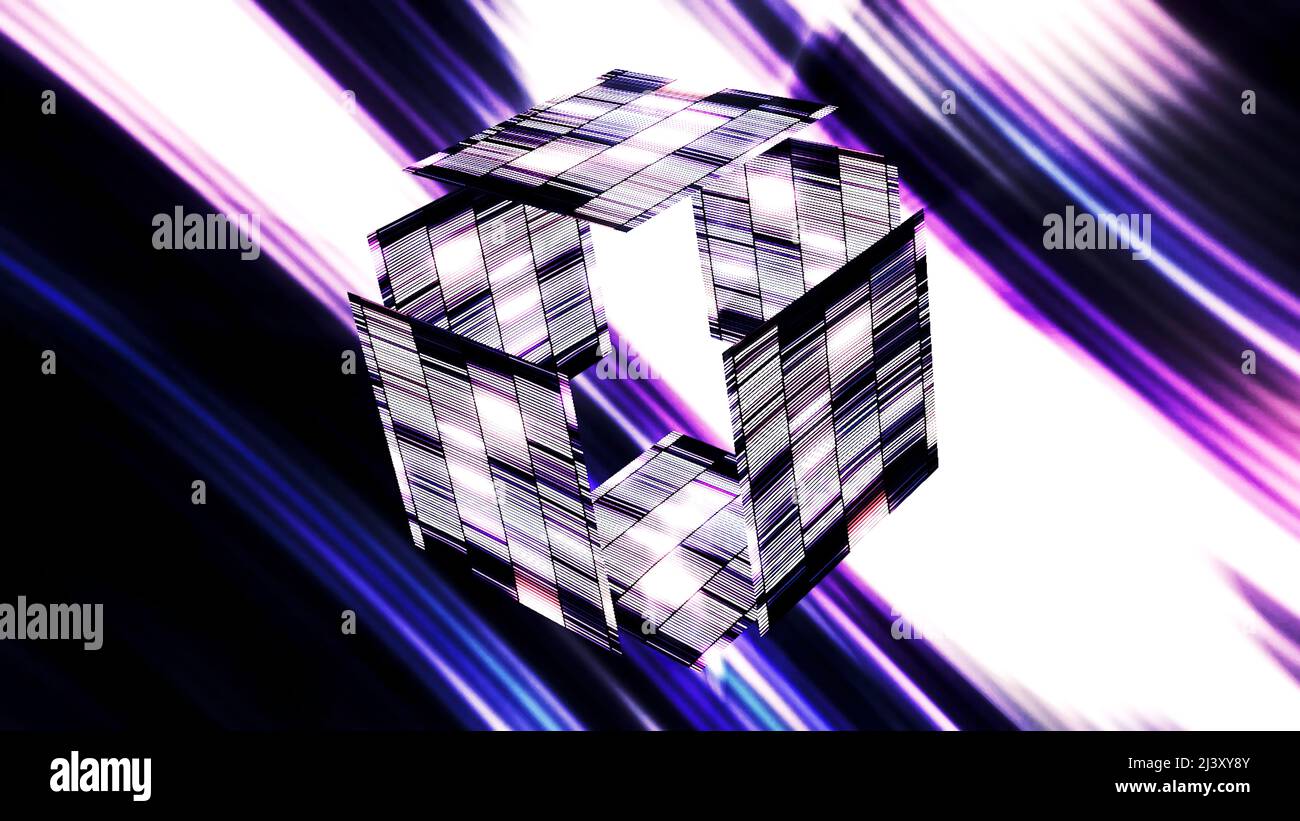 Virtual 3D cube in game space. Motion. Bright glowing cube is ...