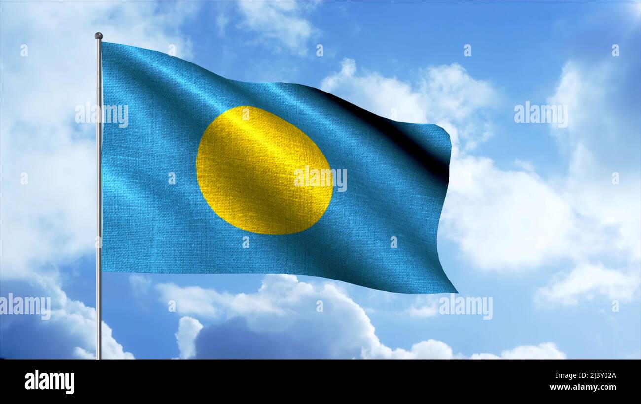 Flag of Palau. Motion. A blue flag with a yellow circle in the center ...
