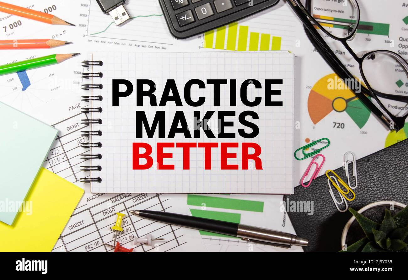 Practice Makes Better text written on a notebook with pencils Stock ... Practice Makes Better text written on a notebook with pencils Stock ...