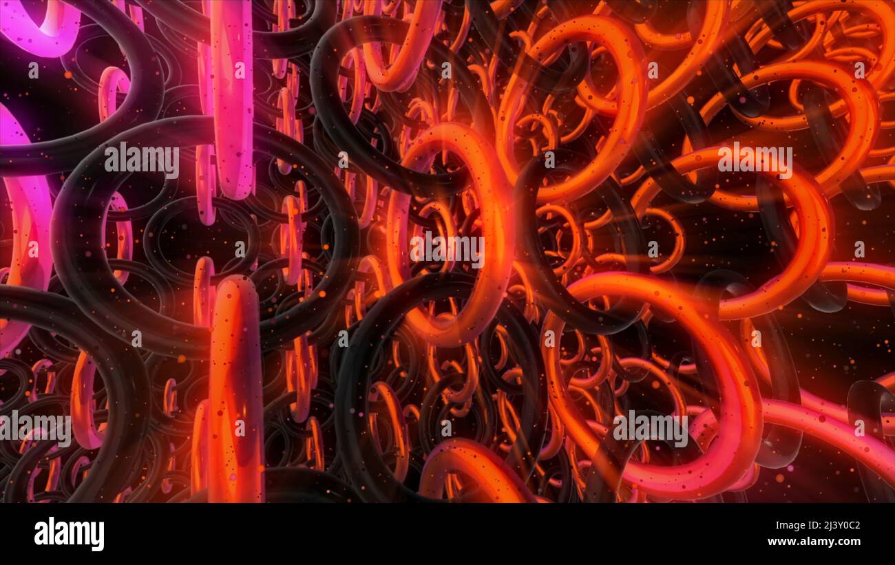 Many chains of rotating multicolored rings. Motion. Space with many ...