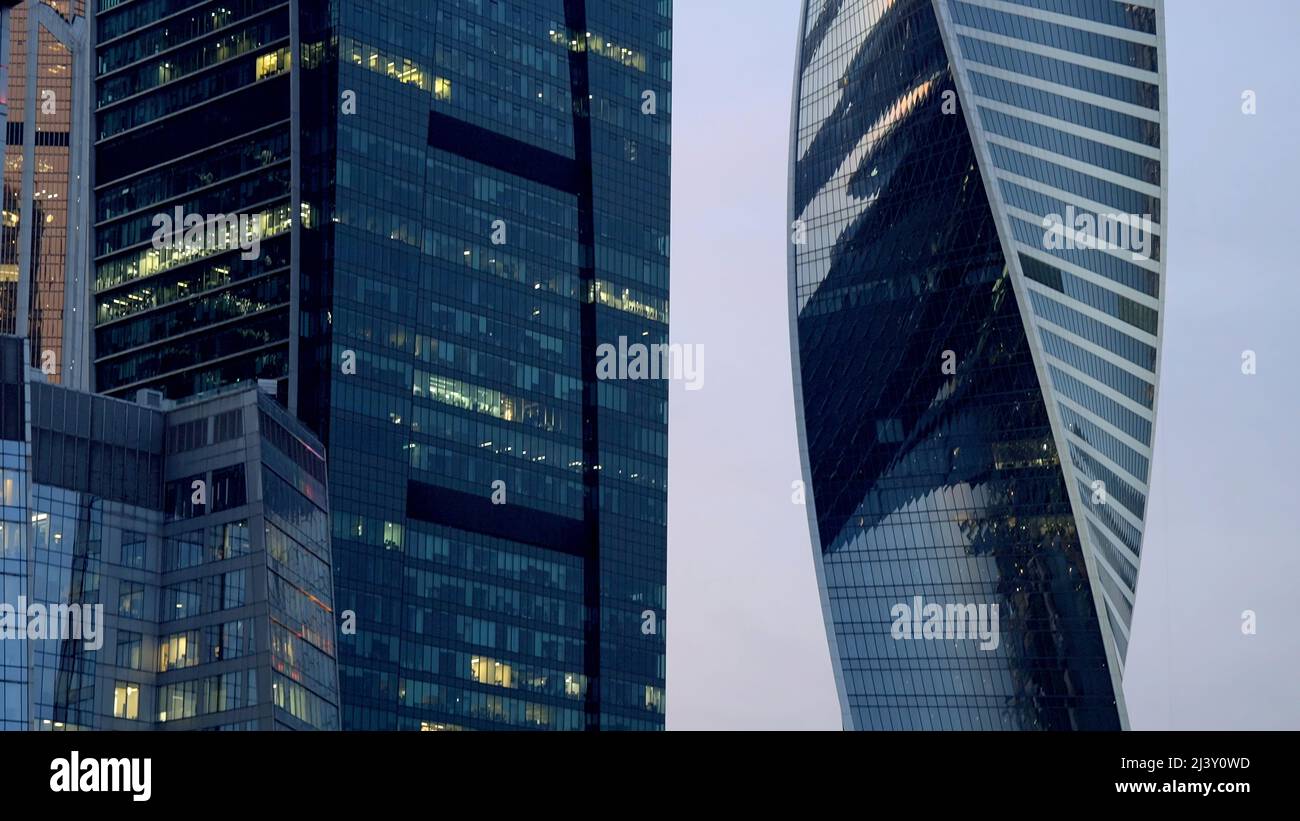 Skyscrapers of Moscow City against the background of grey sky. Action ...