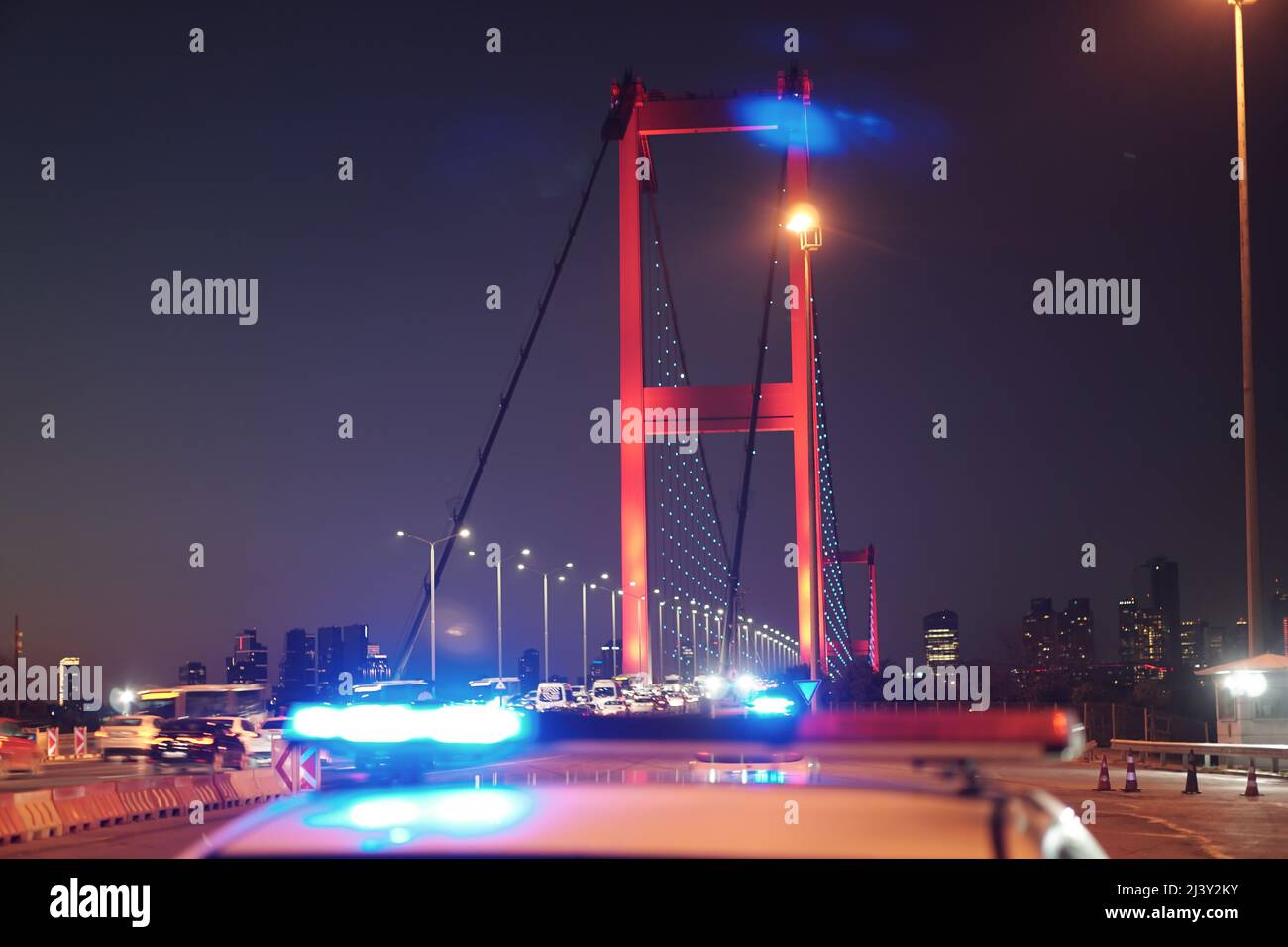 Istanbul Turkey 07.04.2022 Police patrol on the Bosphorus Bridge ...