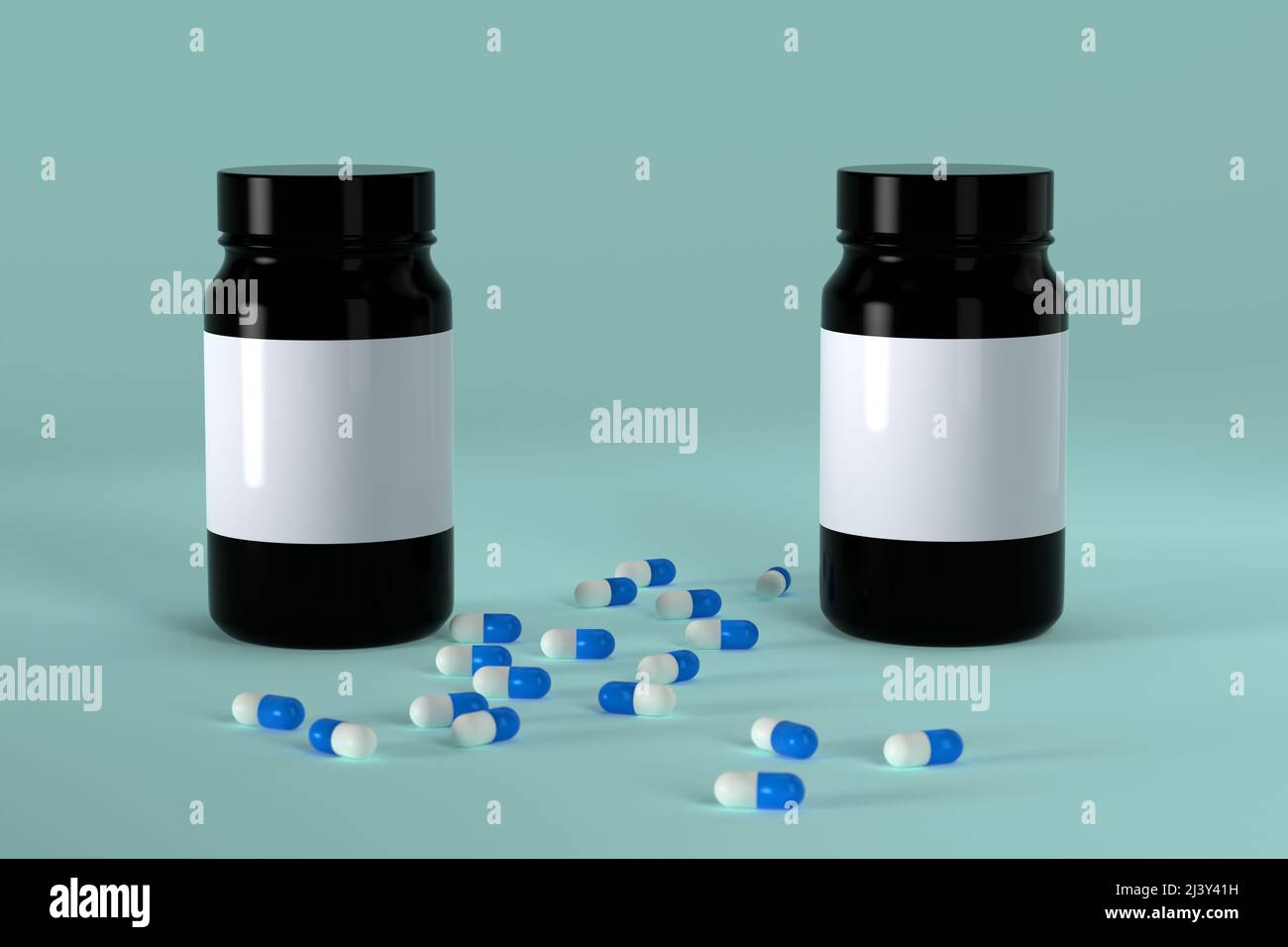 Two containers with a white sticker and scattered tablets. Blue ...
