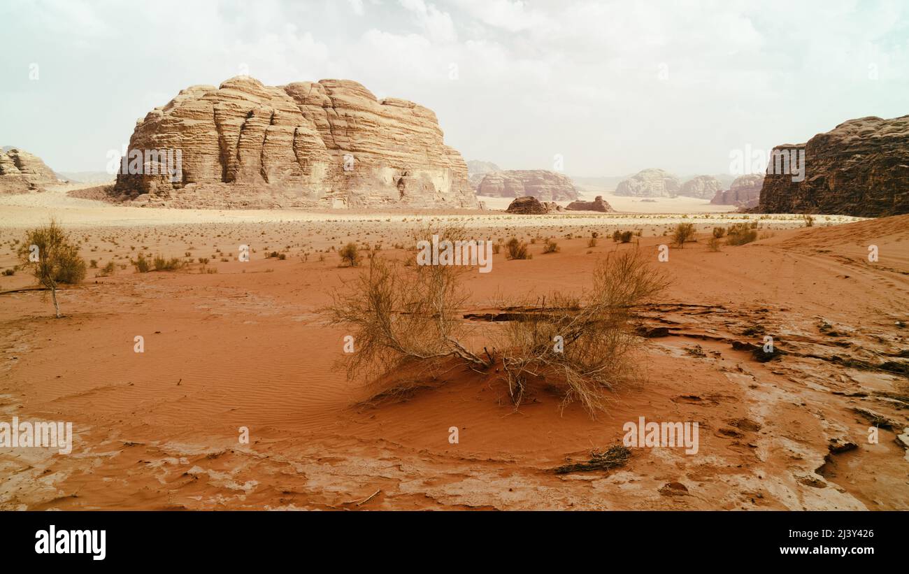 Wadi Rum desert, Jordan, The Valley of the Moon. Orange sand, haze ...