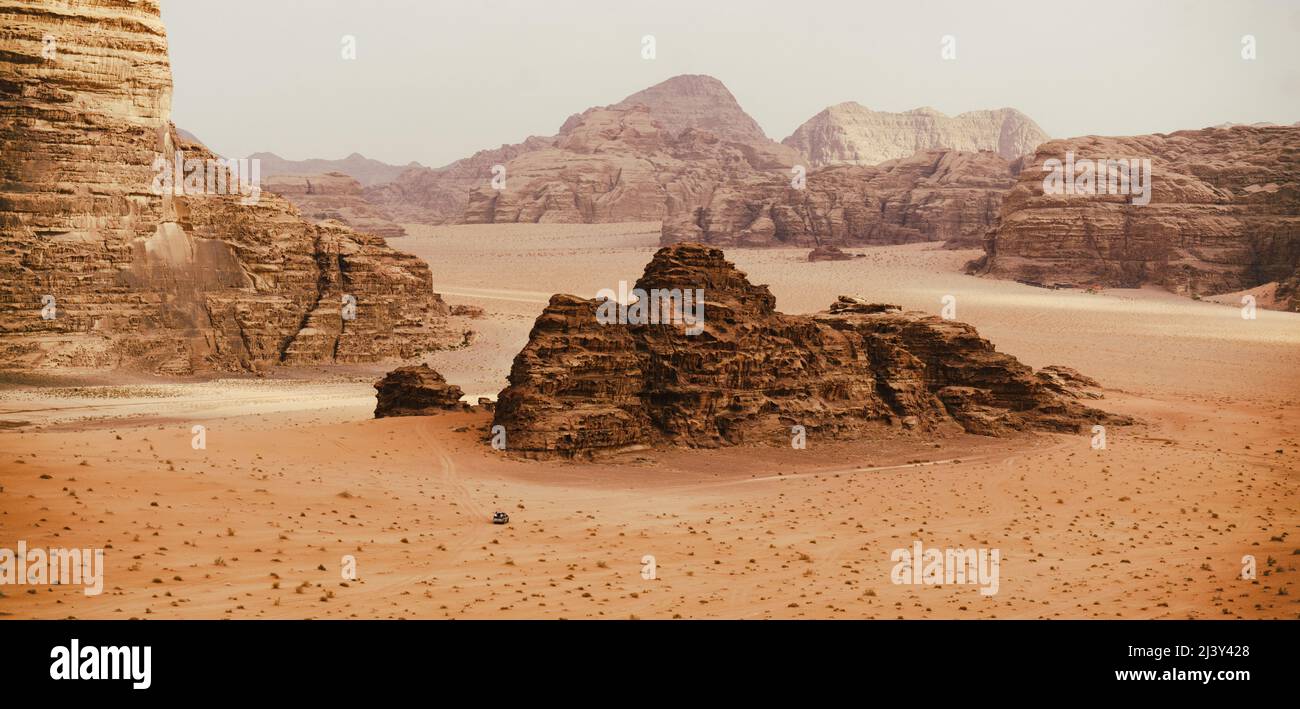 Wadi Rum desert, Jordan, The Valley of the Moon. Orange sand, haze ...