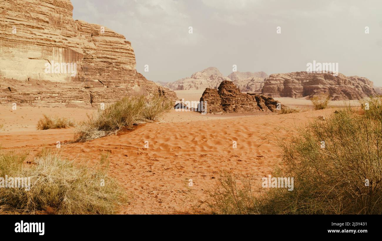 Wadi Rum desert, Jordan, The Valley of the Moon. Orange sand, haze ...