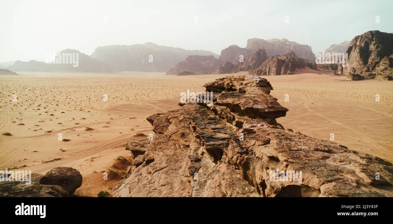 Wadi Rum desert, Jordan, The Valley of the Moon. Orange sand, haze ...