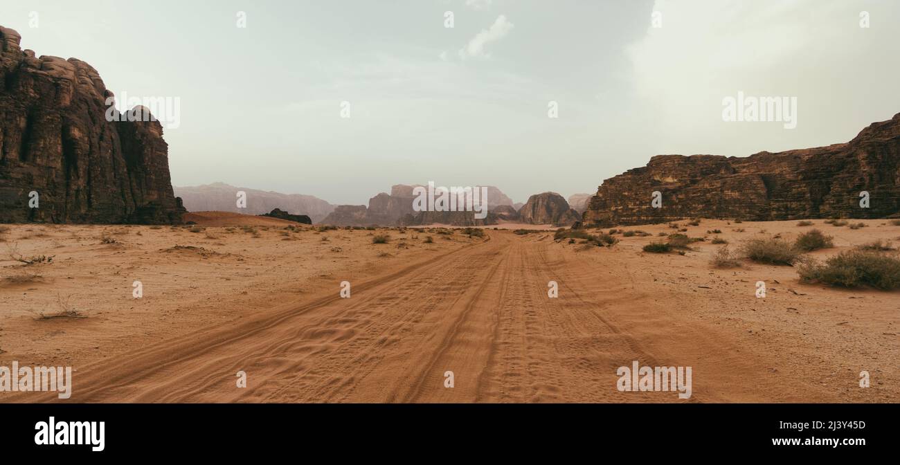 Wadi Rum desert, Jordan, The Valley of the Moon. Orange sand, haze ...