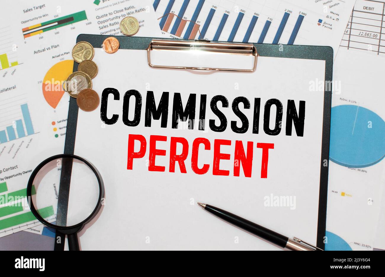 text Commission Percent written on white paper sheet with hundred ...
