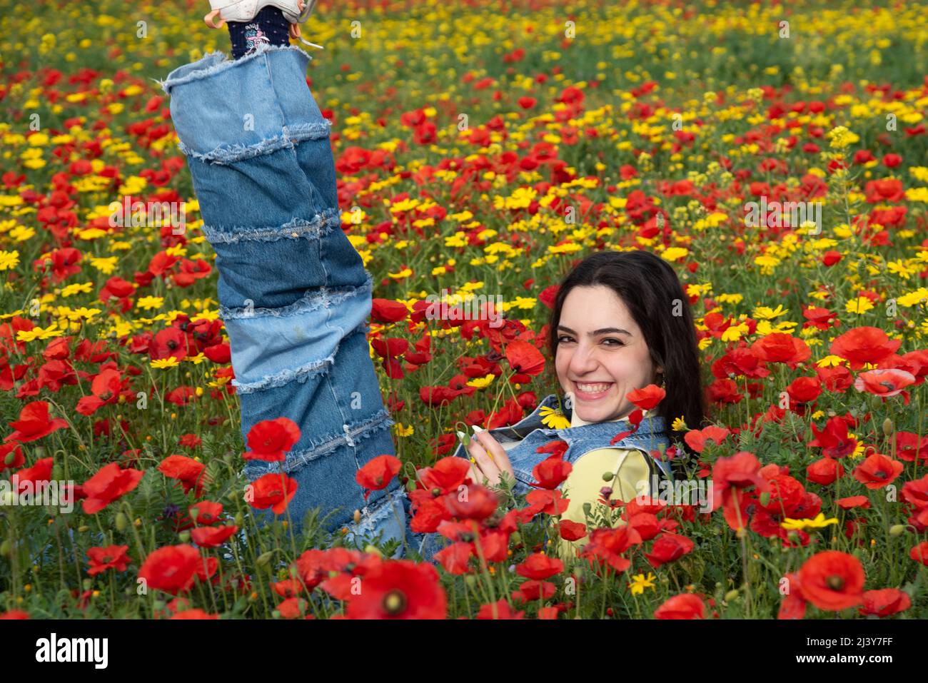 Young woman laying down in a daisy poppy field smiling in spring Stock ...