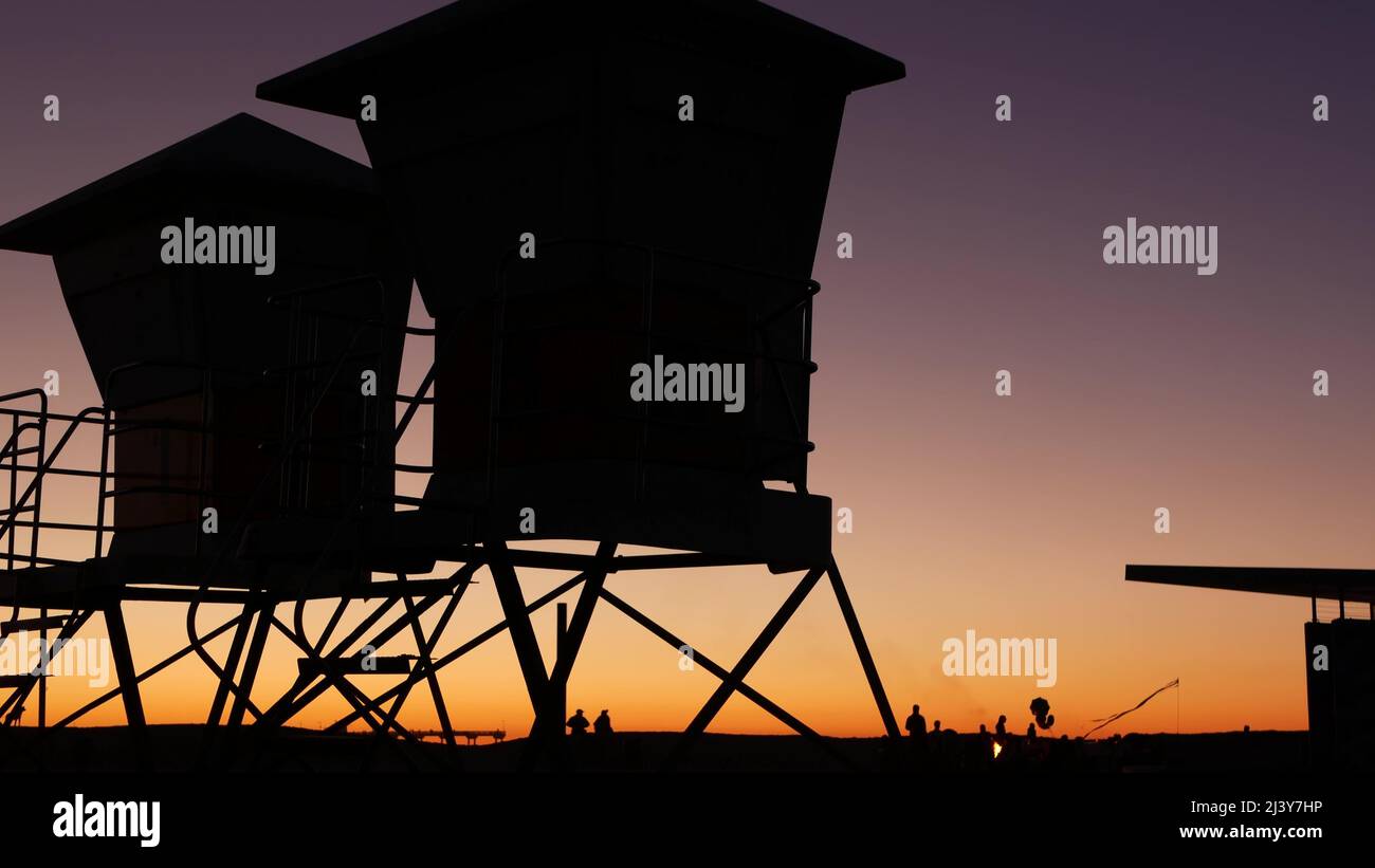 Lifeguard stand, hut or house on ocean beach after sunset, California ...