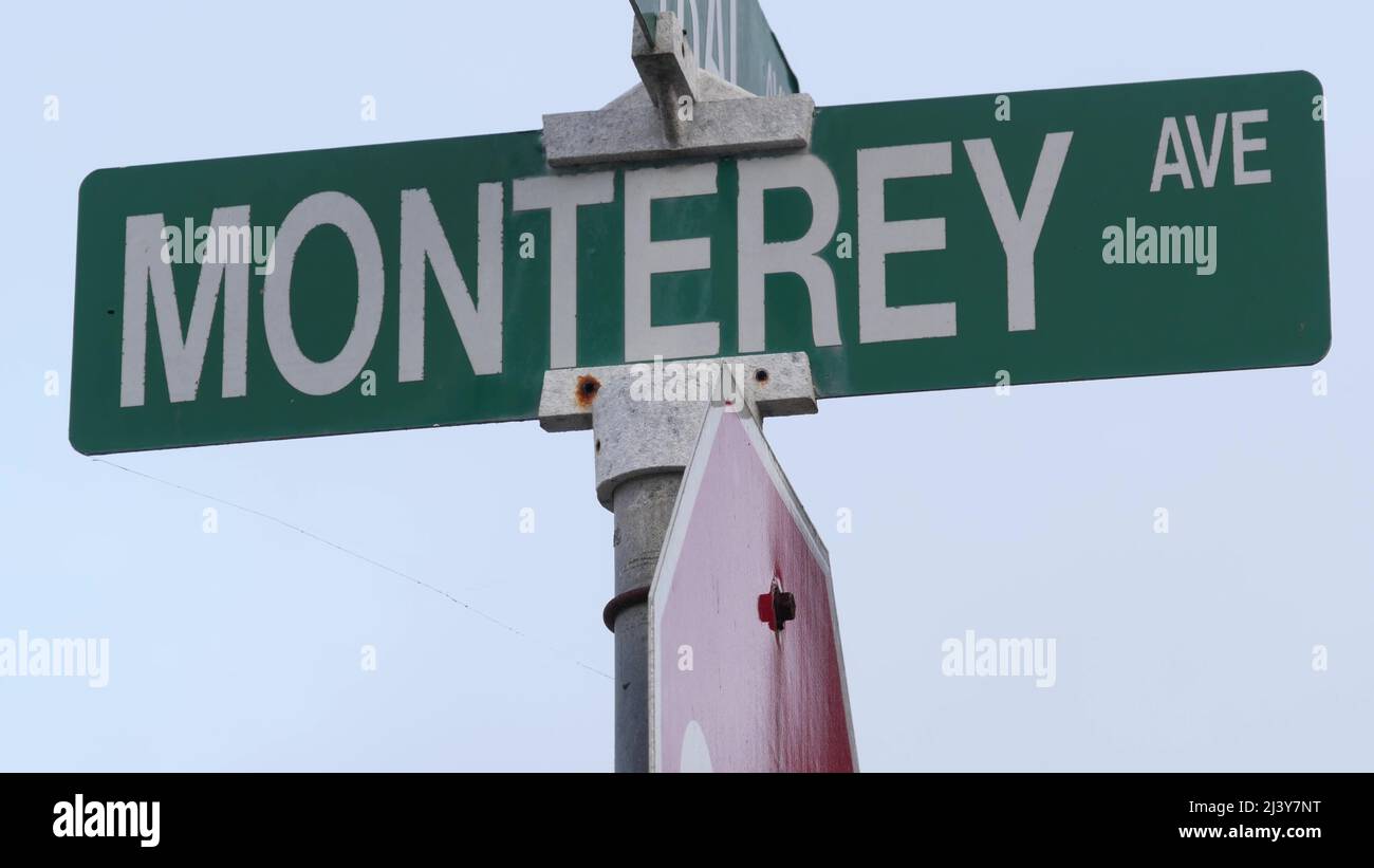 Monterey road sign, California street crossroad, USA. Tourist resort ...