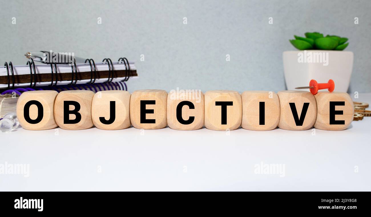 The word OBJECTIVE consists of wooden building blocks lying on a table ...