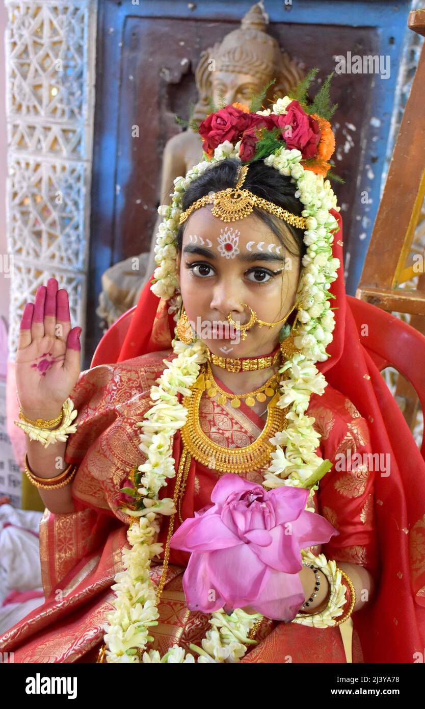 Kolkata, India. 10th Apr, 2022. Girls take part in the 'Kumari Puja' ritual as part of the ...
