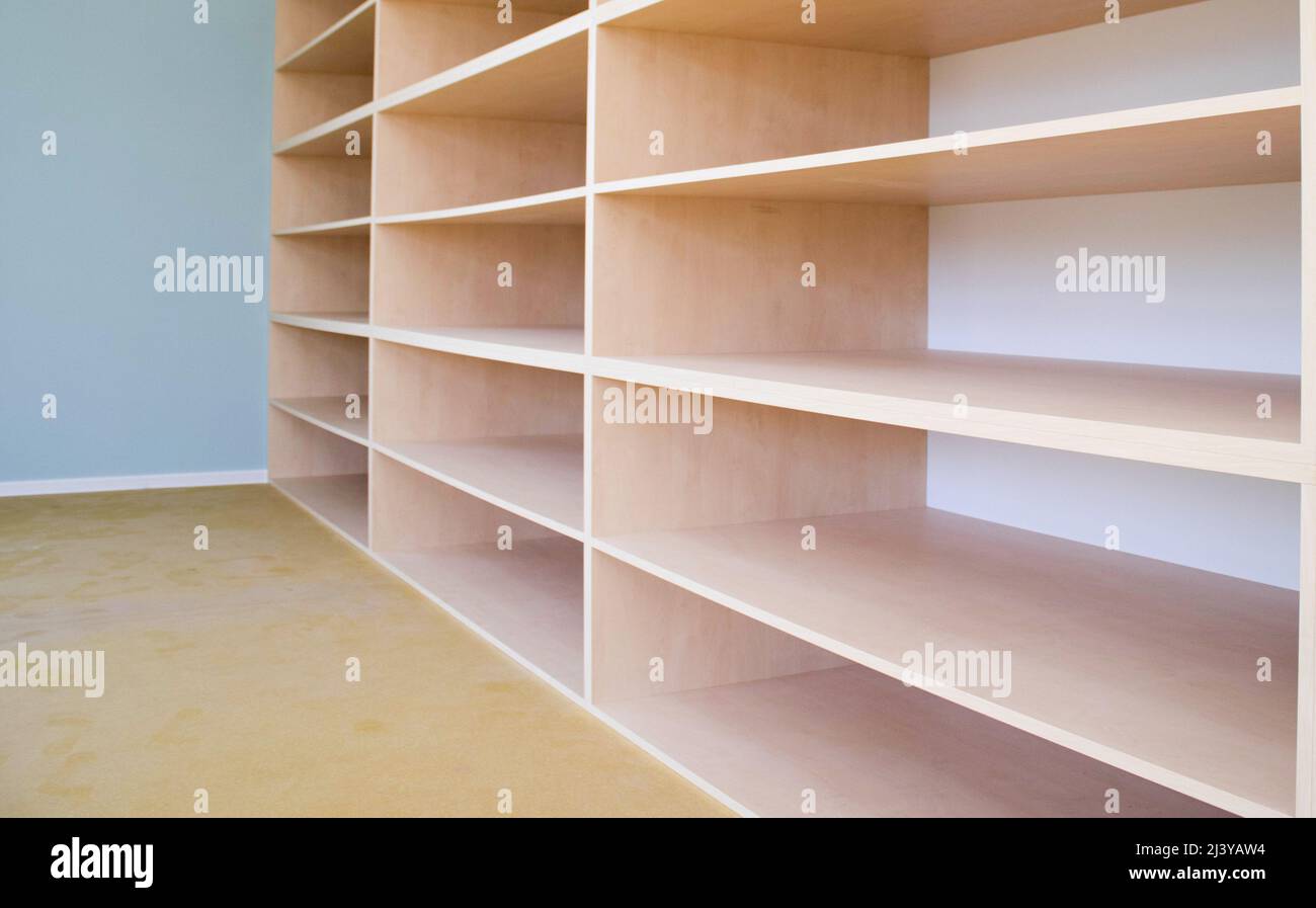 Wooden shelf with empty racks hi-res stock photography and images - Alamy