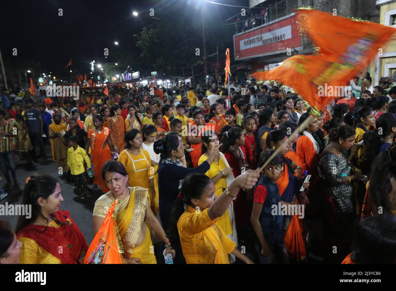 Indian devotees take part in a religious procession to mark the "Ram ...