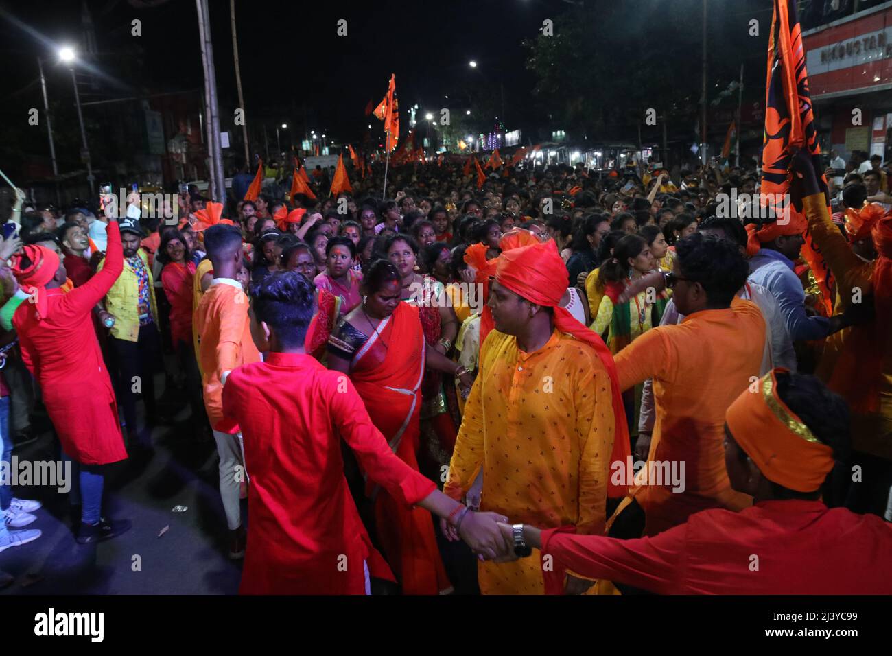 Indian devotees take part in a religious procession to mark the "Ram ...
