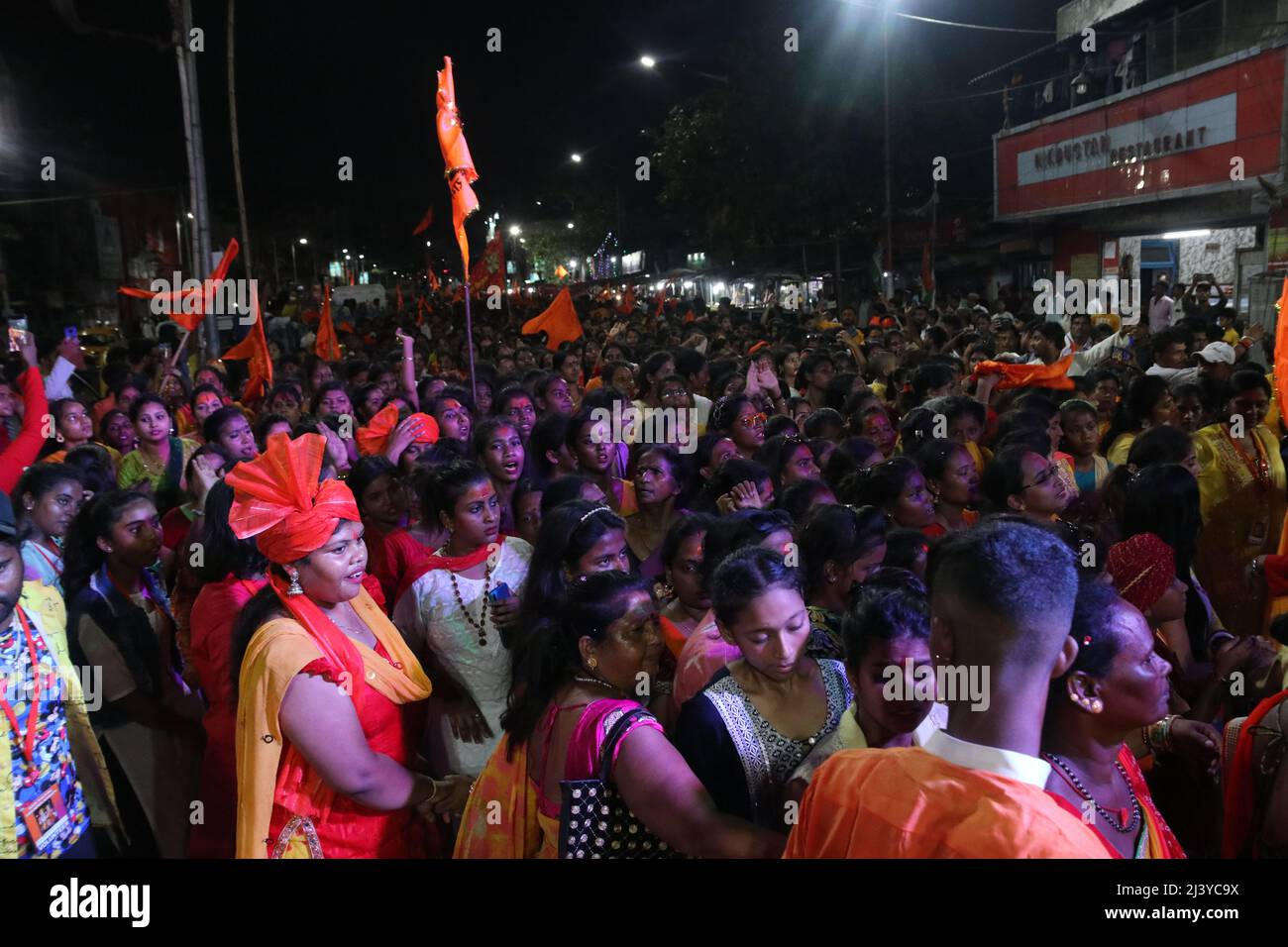 Indian devotees take part in a religious procession to mark the "Ram ...