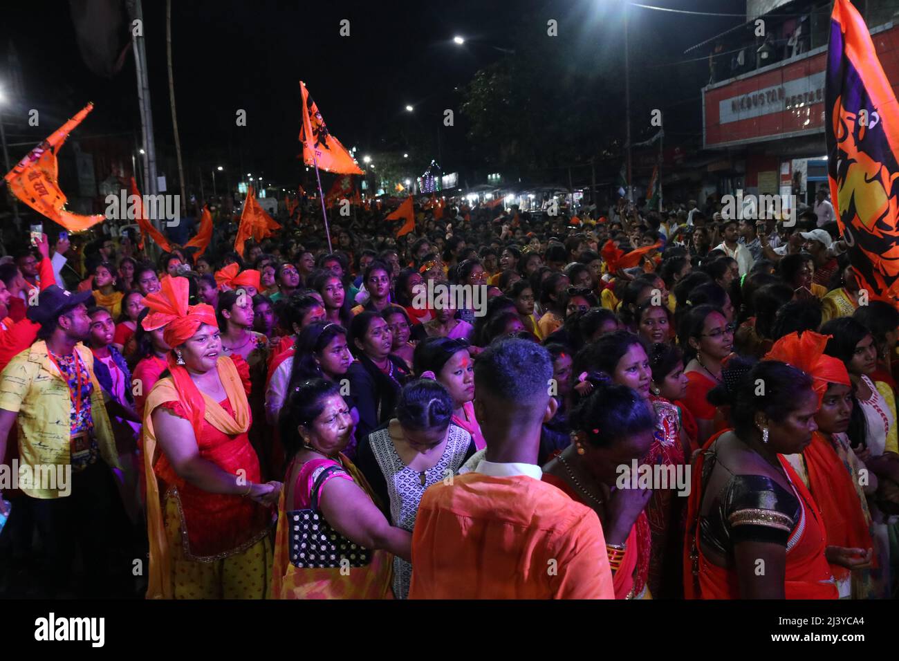 Indian devotees take part in a religious procession to mark the "Ram ...