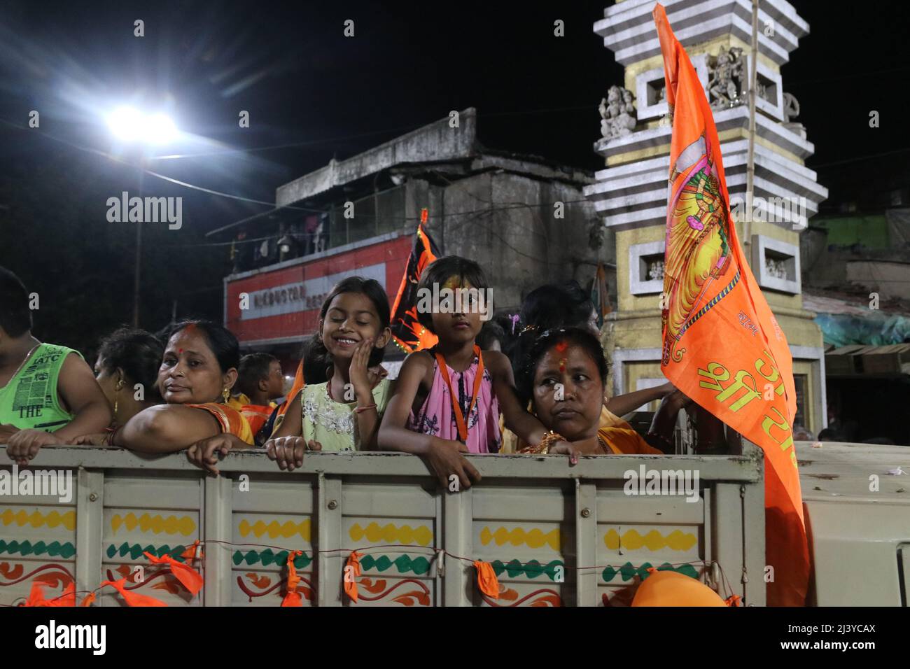 Indian devotees take part in a religious procession to mark the "Ram Navami" festival in Kolkata ...