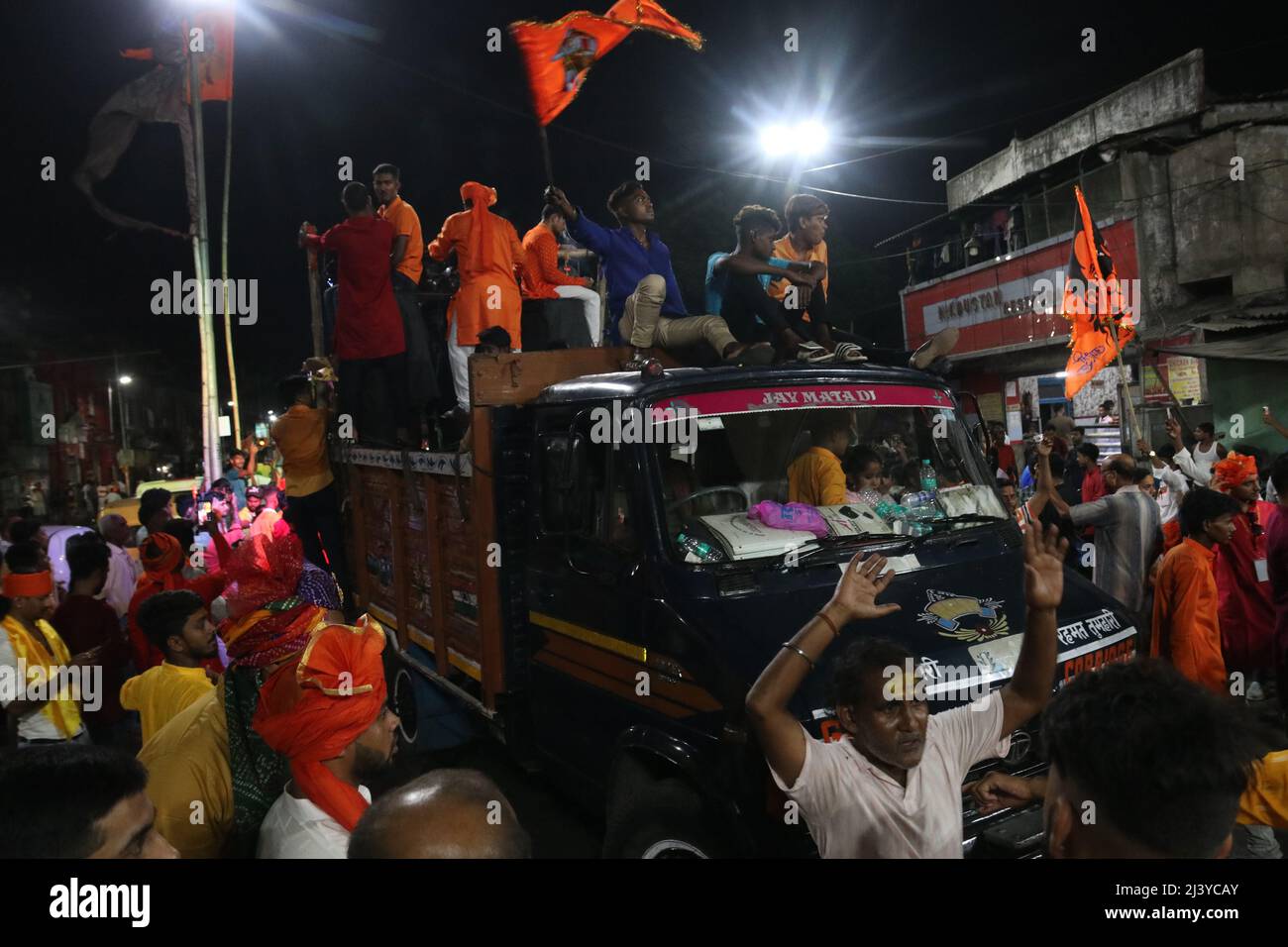 Indian devotees take part in a religious procession to mark the "Ram ...