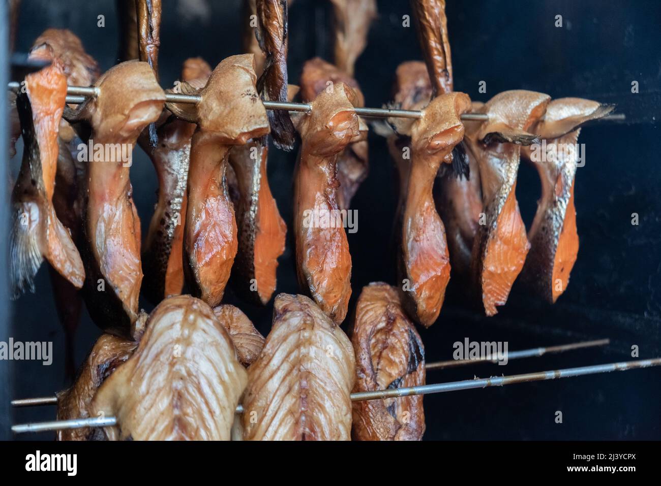Freshly smoked fish hanging in smoke in a smokehouse. The tradition of ...
