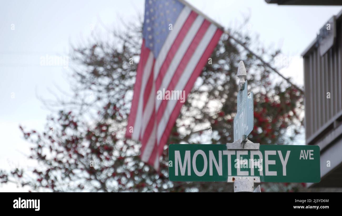 Monterey road sign, California street crossroad, USA. Tourist resort ...