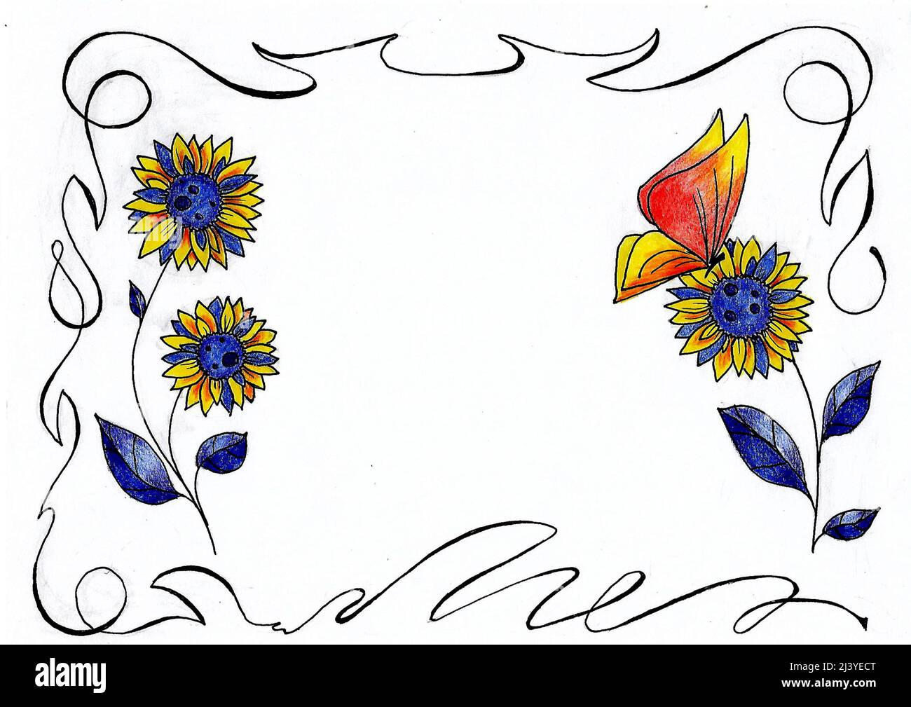 card with yellow-blue flowers and a butterfly in an asymmetrical frame ...
