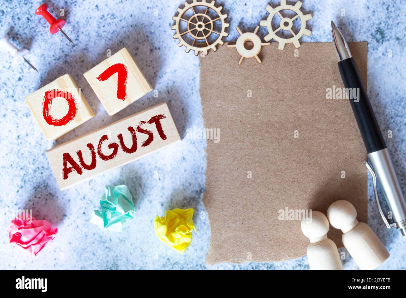 August 7th. Image of august 7 wooden color calendar on blue background ...