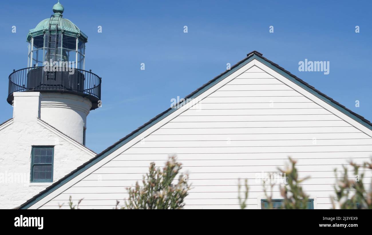 Vintage lighthouse tower, retro light house, old fashioned historic ...