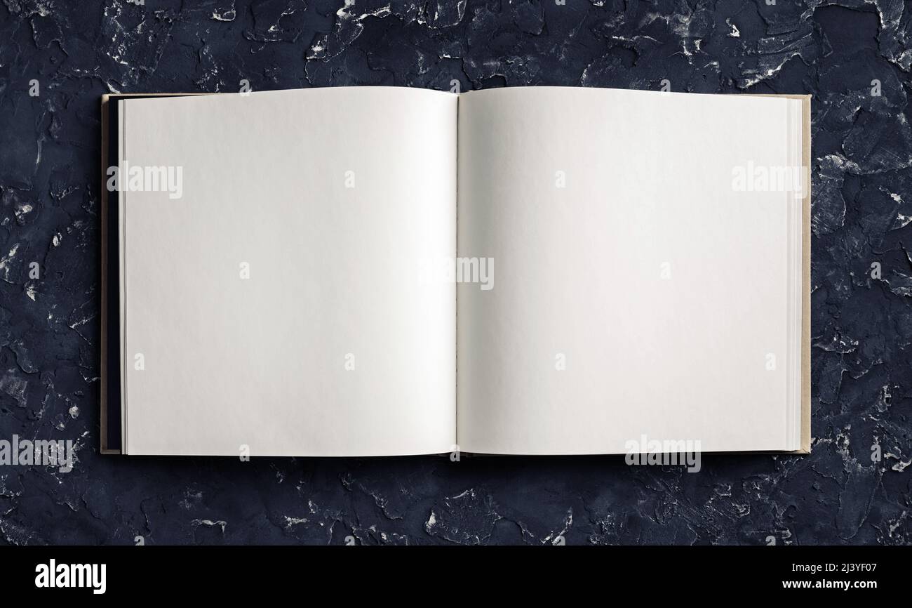 Blank opened booklet on black plaster background. Responsive design ...
