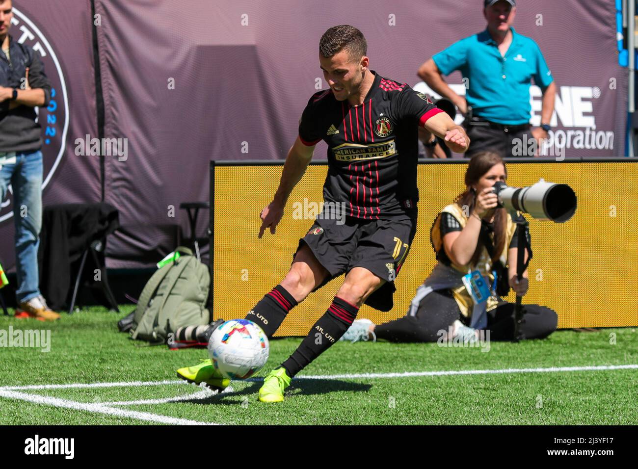 CHARLOTTE, NC - APRIL 10: Brooks Lennon (11) of Atlanta United kicks a ...