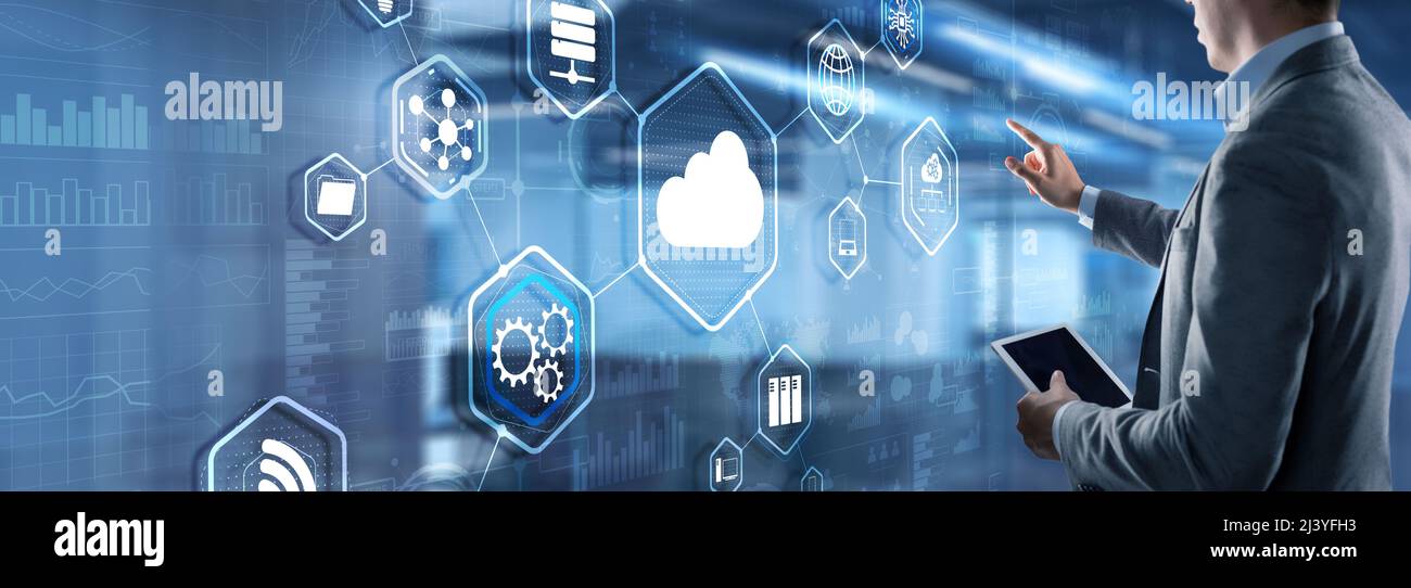 Futuristic Display. Cloud computing touchscreen interface business man finger touch cloud Stock ...