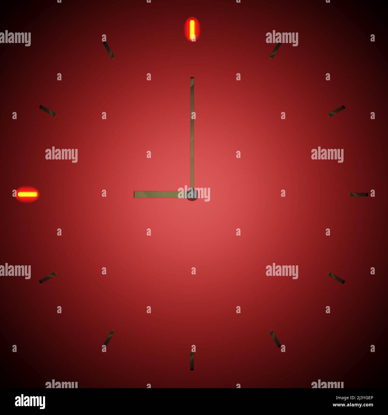 Clock at nine, red background - 3D rendering illustration Stock Photo ...