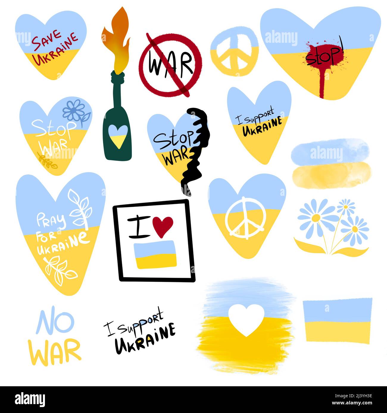 Set stickers support Ukraine flag and pray for Ukraine Stock Photo - Alamy