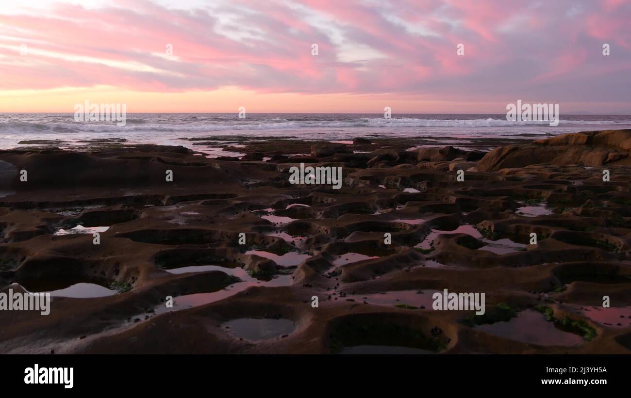 Eroded rock formation, tide pool shape in La Jolla, California coast ...