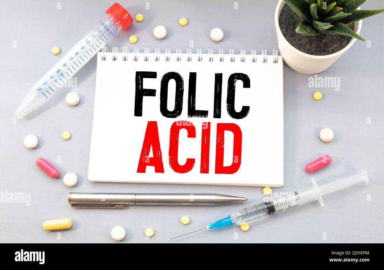 Folic acid. Medicine concept Yellow Paper sticker with inscription ...
