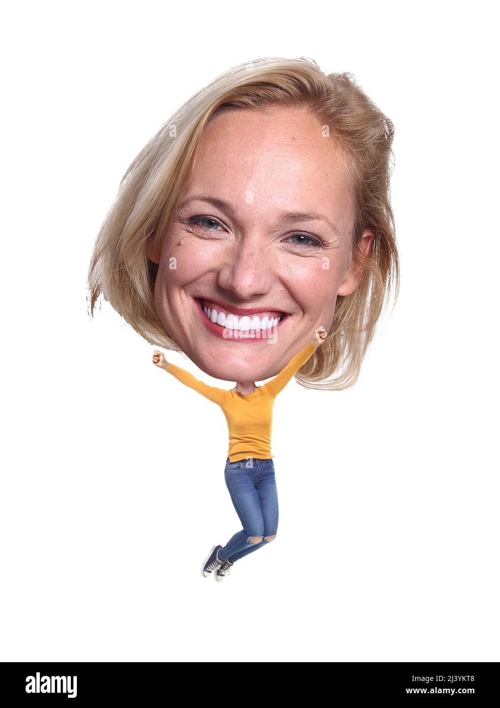 Woman jumping in front of a white background with a big Head Stock ...