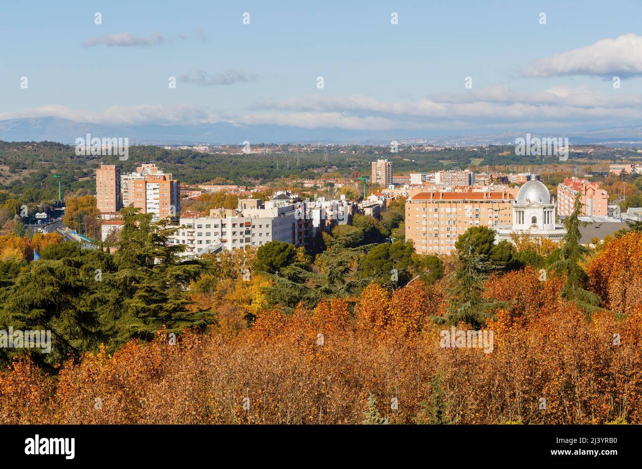Panoramic view over Madrid city from the Mirador de la Cornisa lookout ...