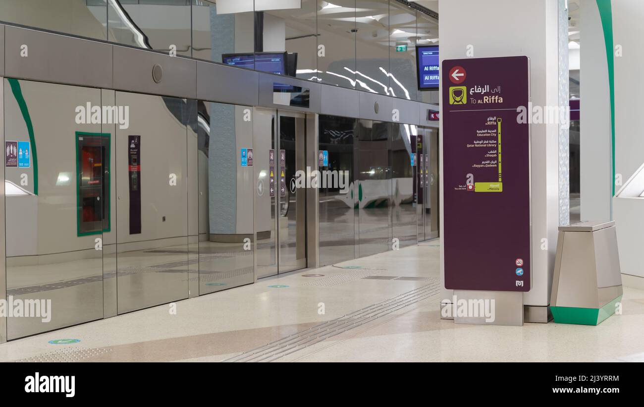 Doha, Qatar- March 03,2022: The interior of one of the metro station in ...