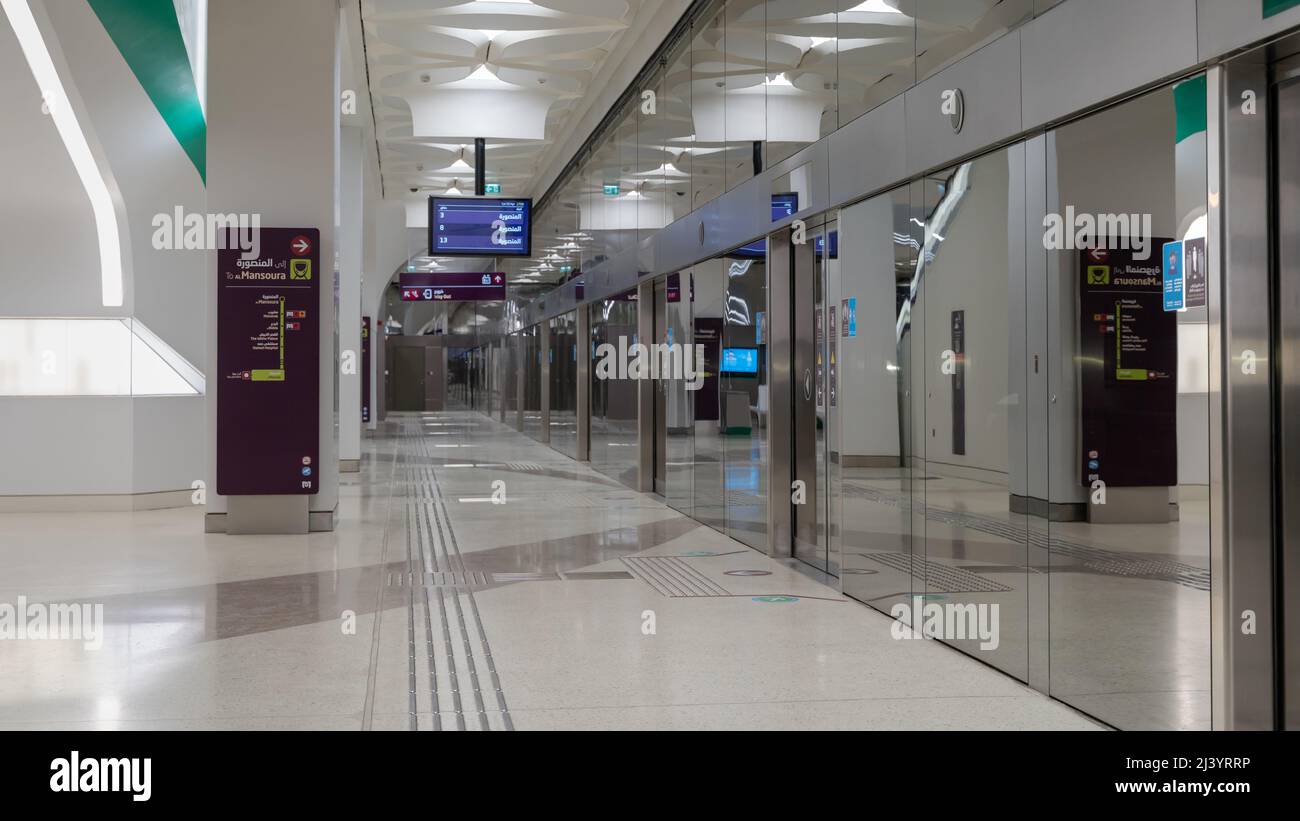Doha, Qatar- March 03,2022: The interior of one of the metro station in ...