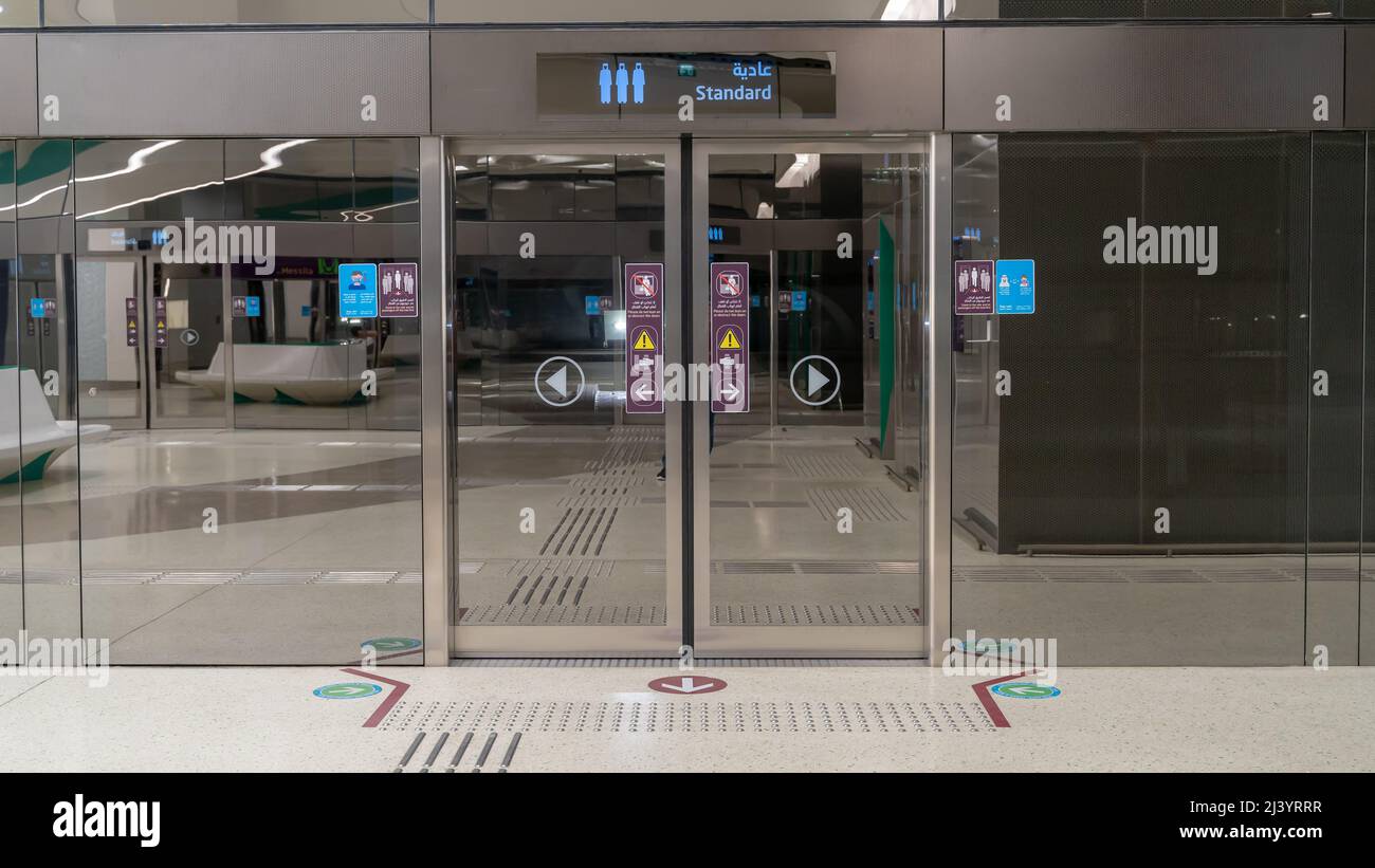 Doha, Qatar- March 03,2022: The interior of one of the metro station in ...